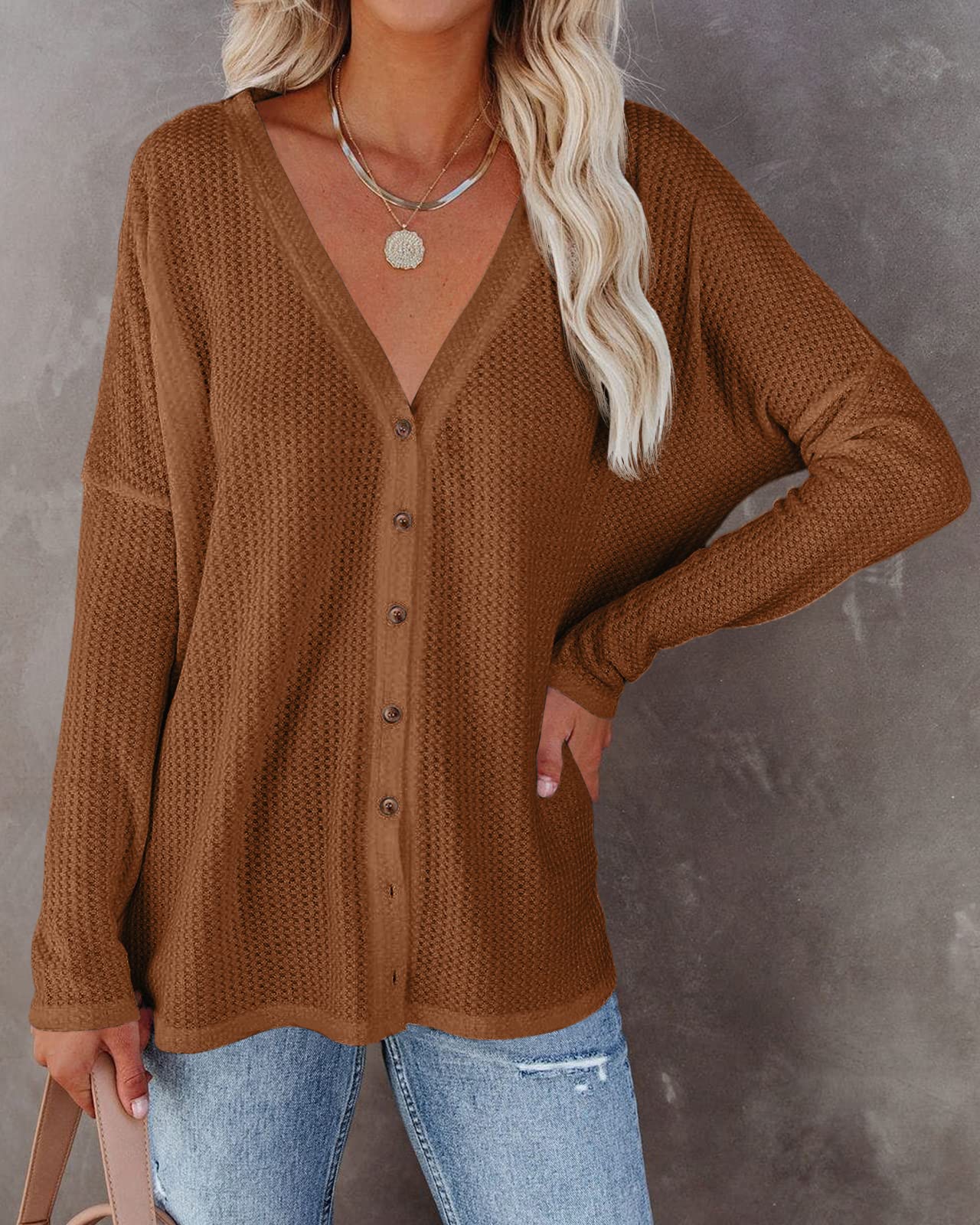 Newffr Women's V Neck Waffle Knit Blouses Button Down Shirts Casual Long Sleeve Tunic Cardigan Tops Caramel