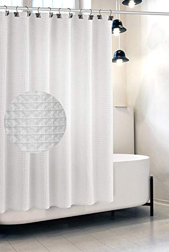 Waffle Fabric White Shower Curtain with Liner Set - Includes Free Clear Liner, Decorative Shower Curtain for Bathroom Set - Rustproof Metal Grommets Waterproof Hotel Quality 72" x 72" Heavy 290 GSM