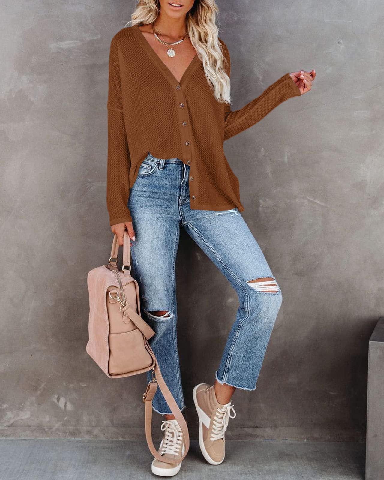 Newffr Women's V Neck Waffle Knit Blouses Button Down Shirts Casual Long Sleeve Tunic Cardigan Tops Caramel