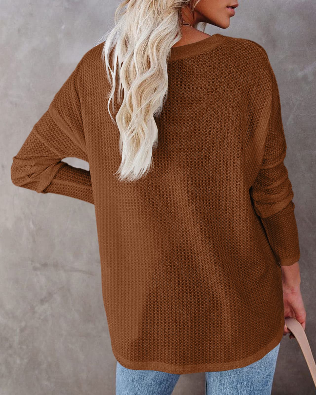 Newffr Women's V Neck Waffle Knit Blouses Button Down Shirts Casual Long Sleeve Tunic Cardigan Tops Caramel