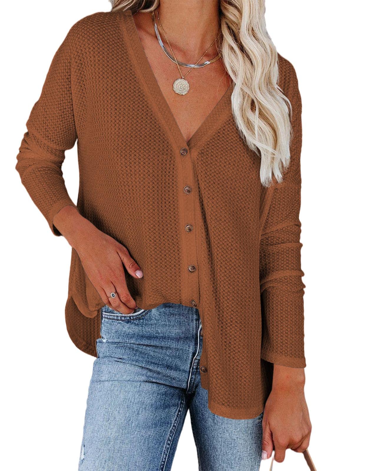 Newffr Women's V Neck Waffle Knit Blouses Button Down Shirts Casual Long Sleeve Tunic Cardigan Tops Caramel