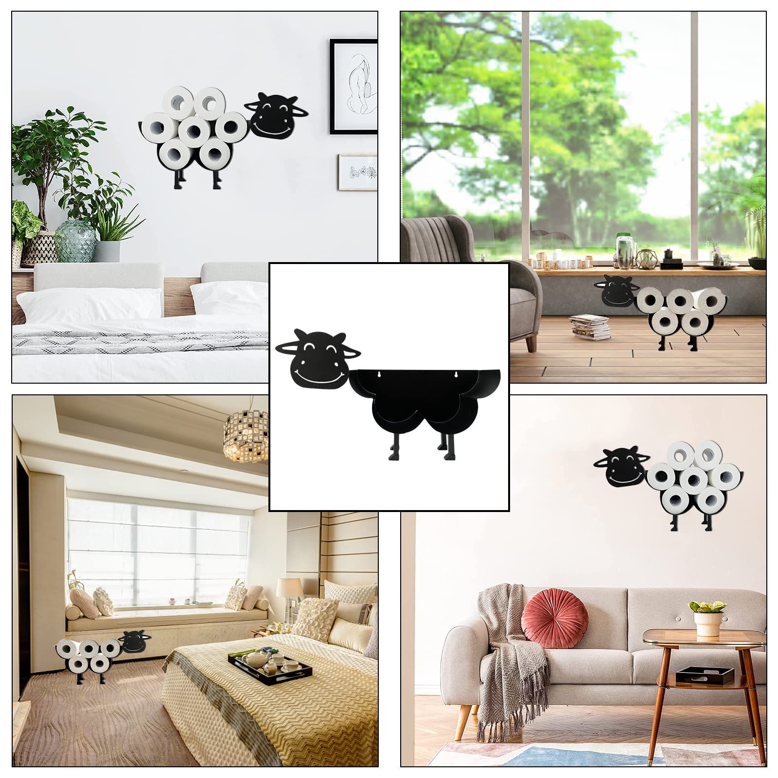 Cow Decorative Toilet Paper Holder Shelf, Cute Funny Tissue Iron Storage Stand Rack Iron Roll Paper Storage Bathroom Kitchen Accessories (Black-Cow)