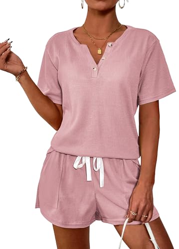 Ekouaer Women's Sets Comfy Waffle Pajamas Knit Sleepwear Button Down Lounge Set Short Sleeve Pjs with Pocket