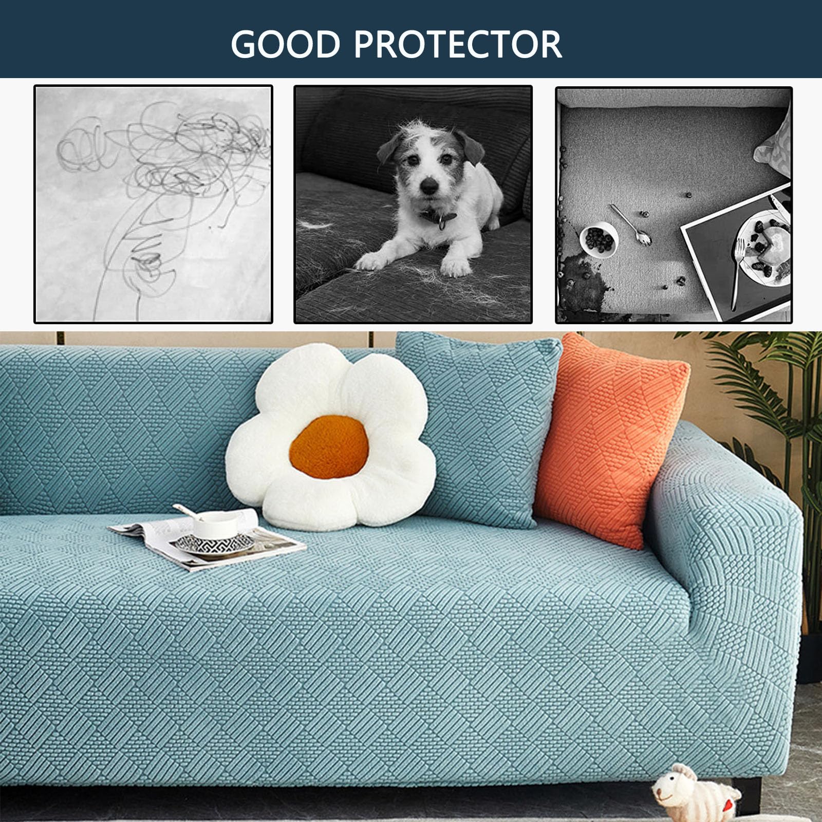 GUYIRT High Stretch Sofa Cover, Dustproof Furniture Protector for 1 2 3 4 Seater Sofa, Anti Slip Sofa Slipcovers with Elastic Strap-Blue-4 Seater(235-300cm)