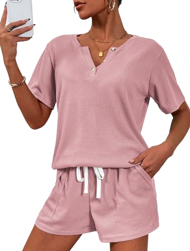 Ekouaer Women's Sets Comfy Waffle Pajamas Knit Sleepwear Button Down Lounge Set Short Sleeve Pjs with Pocket