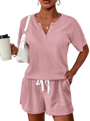 Ekouaer Women's Sets Comfy Waffle Pajamas Knit Sleepwear Button Down Lounge Set Short Sleeve Pjs with Pocket