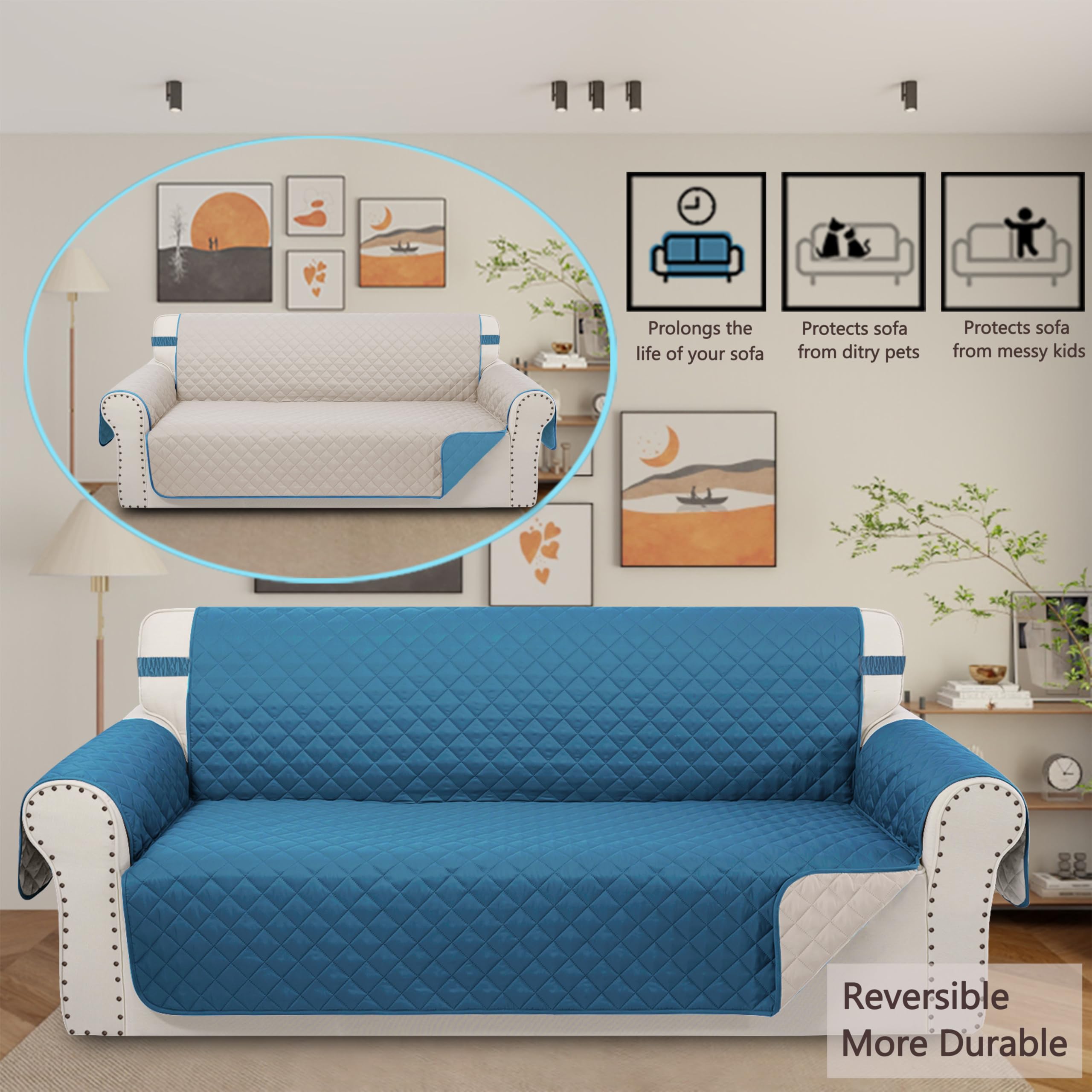 Luxshare Home Reversible 4 Seater Sofa Cover 91 Inch Large Couch Cover Furniture Protector(Sofa XX-Large,Blue/Beige)