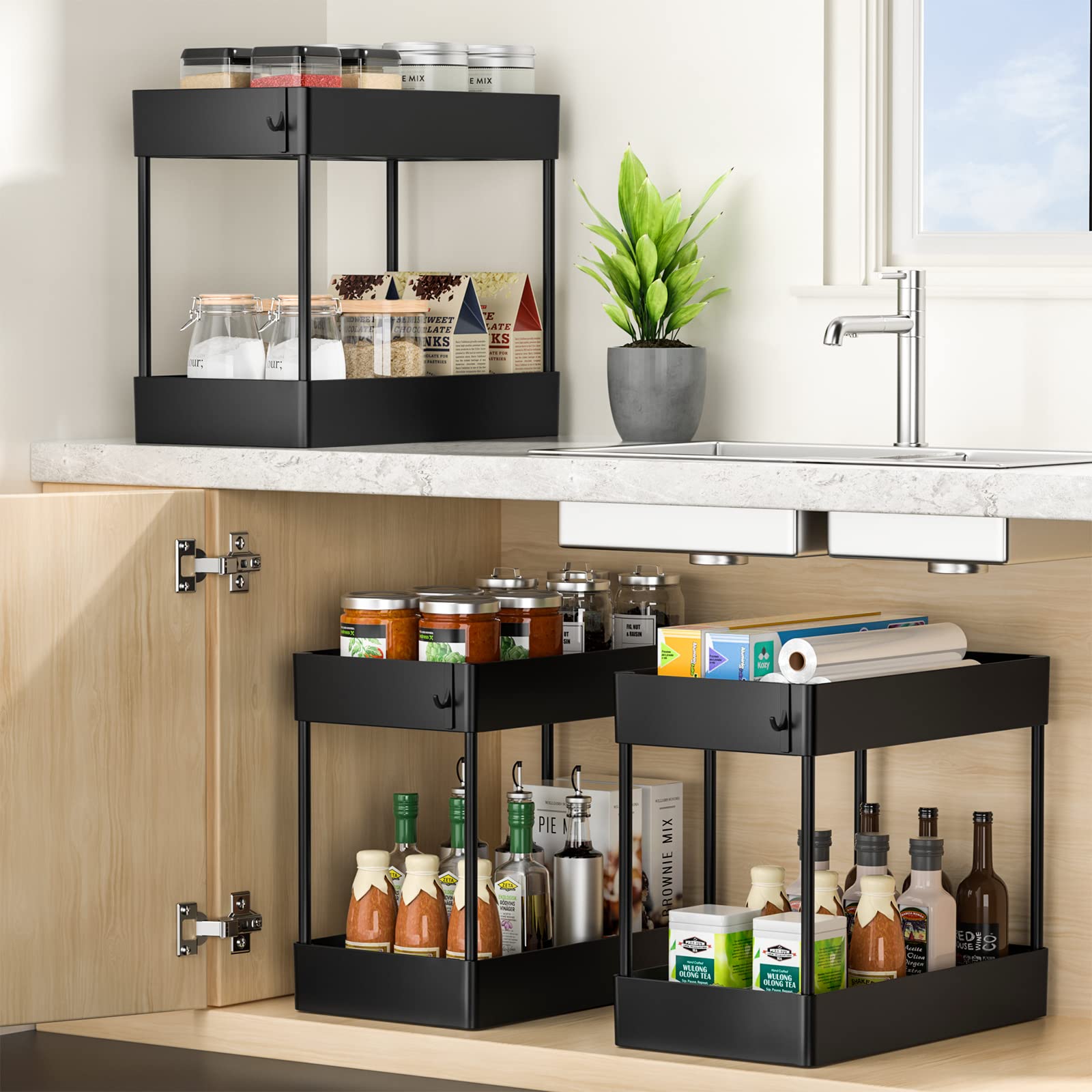 Under Sink Organizer, Efuytech Under Kitchen Sink Organizers and Storage Multi-purpose Under Bathroom Storage Basket, 2 Tier Cabinet Shelf Organizer for Bathroom Kitchen (Black)