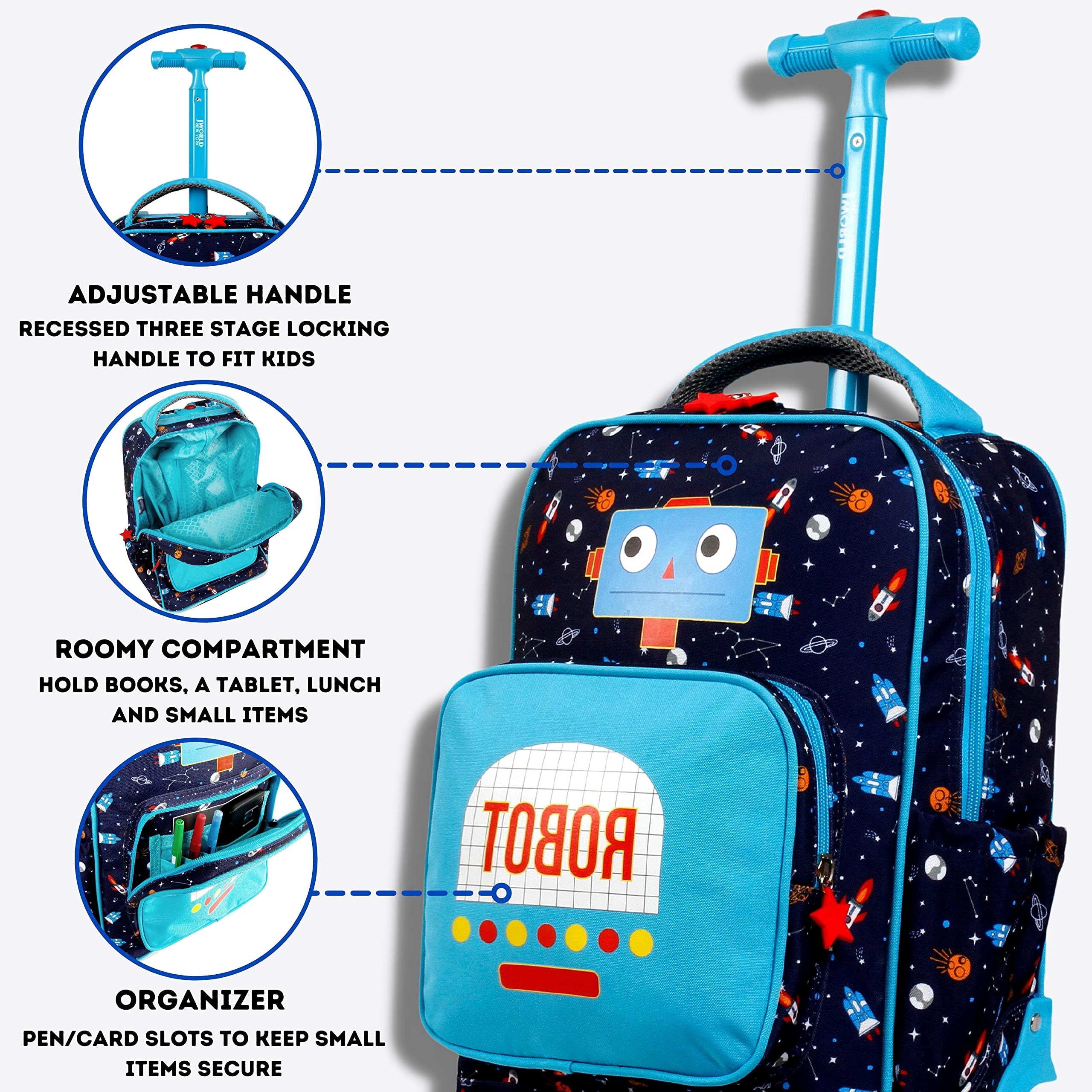 J World New York Kids' Sparkle Rolling Backpack, Robot, One Size