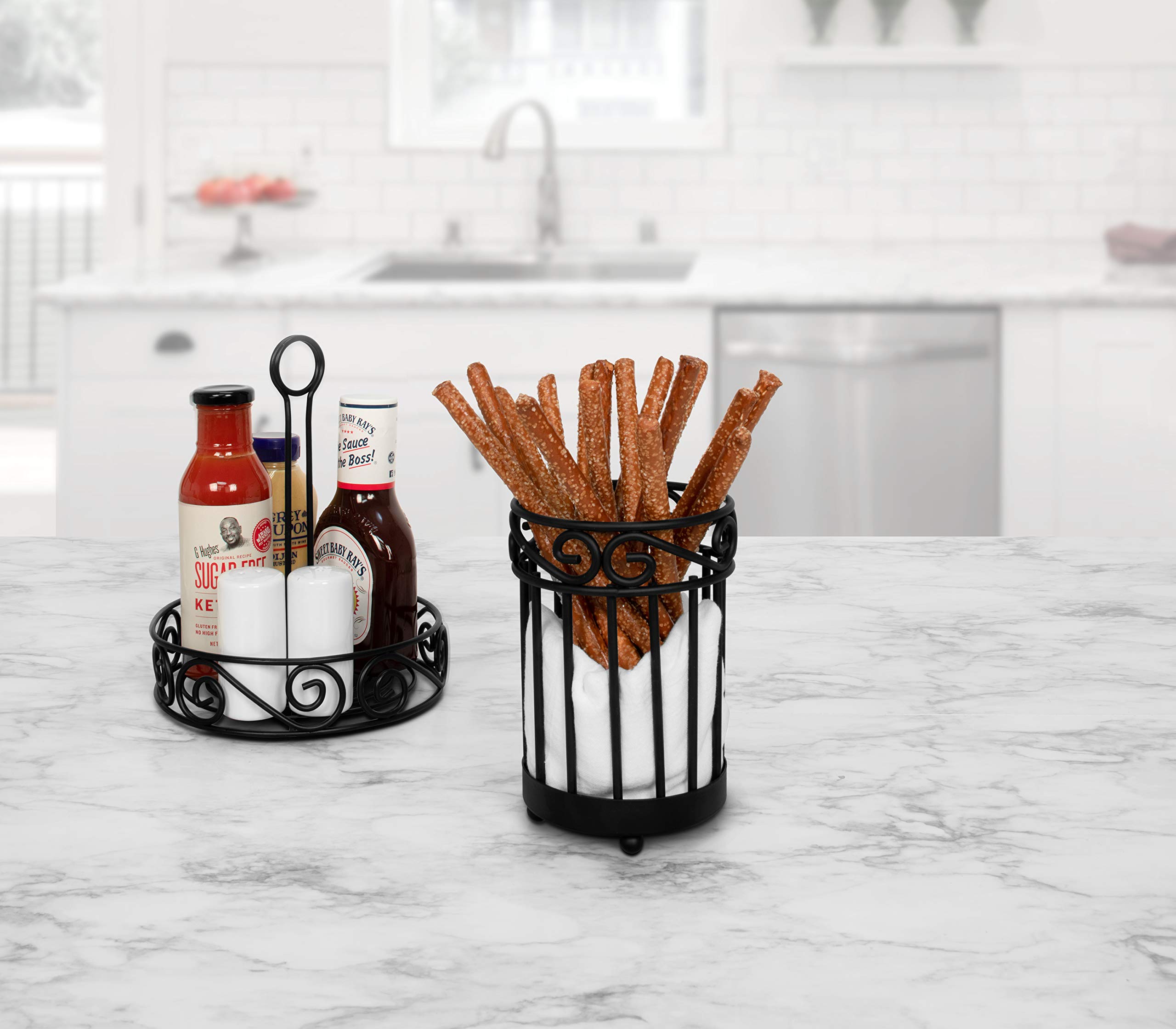 Spectrum Diversified Scroll Round Holder & Kitchen Countertop Organizer Stylish Cooking Utensil Crock for Traditional Kitchen Organization & Storage, Cutlery & Flatware Caddy, Black