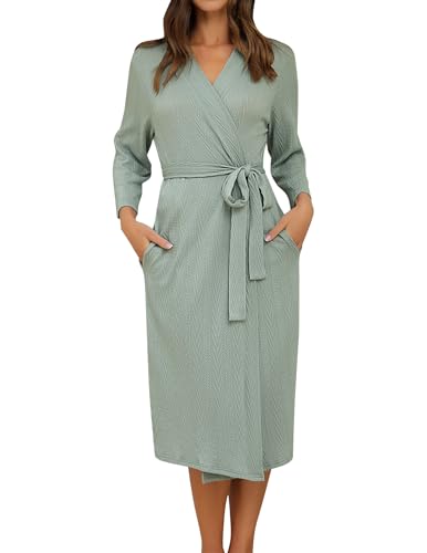 Ekouaer Women's Robes Long Bathrobes Jacquard Knit Spa Shower Robe Fixed Belt Sleepwear with Two Pockets S-3XL