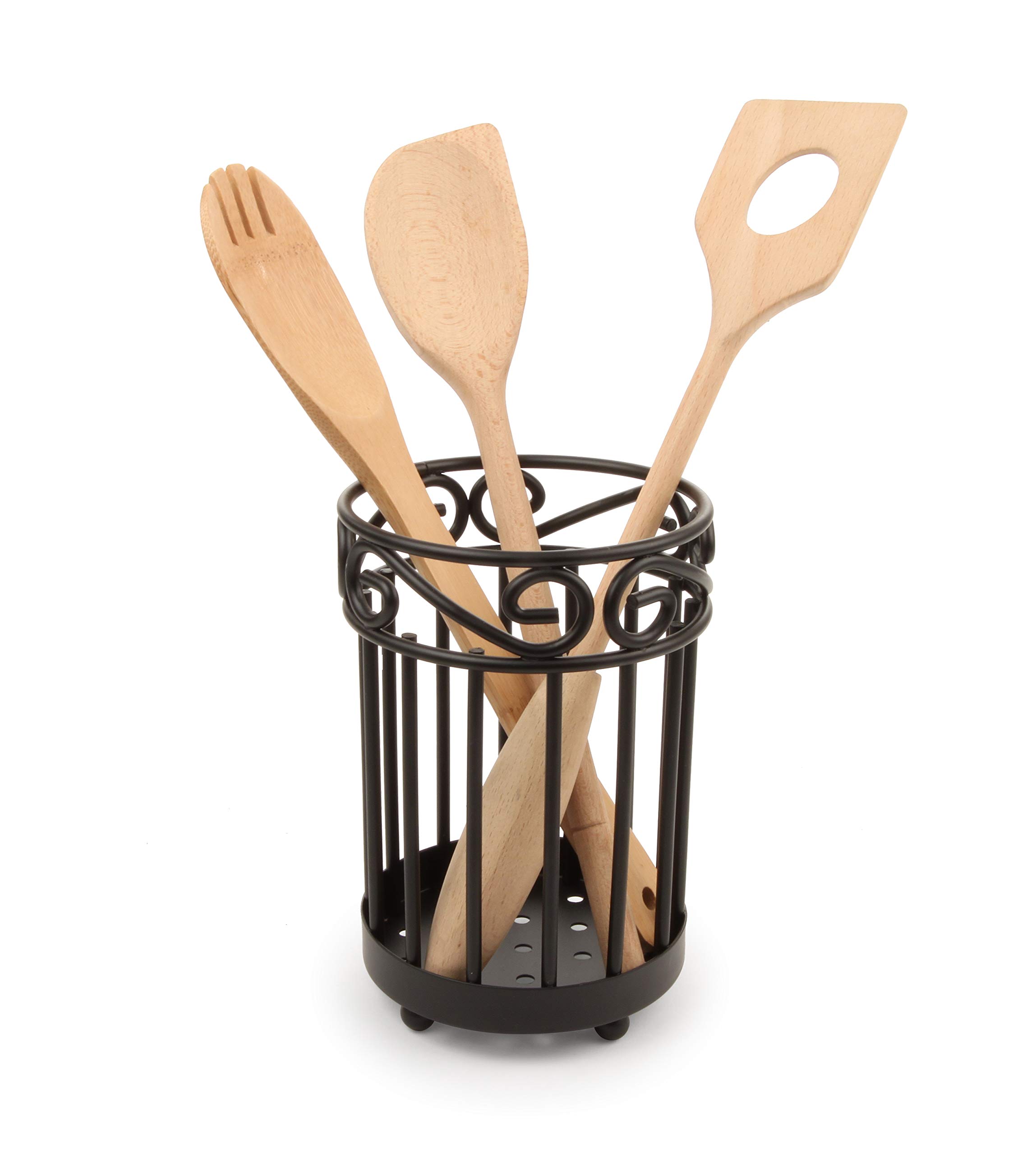 Spectrum Diversified Scroll Round Holder & Kitchen Countertop Organizer Stylish Cooking Utensil Crock for Traditional Kitchen Organization & Storage, Cutlery & Flatware Caddy, Black