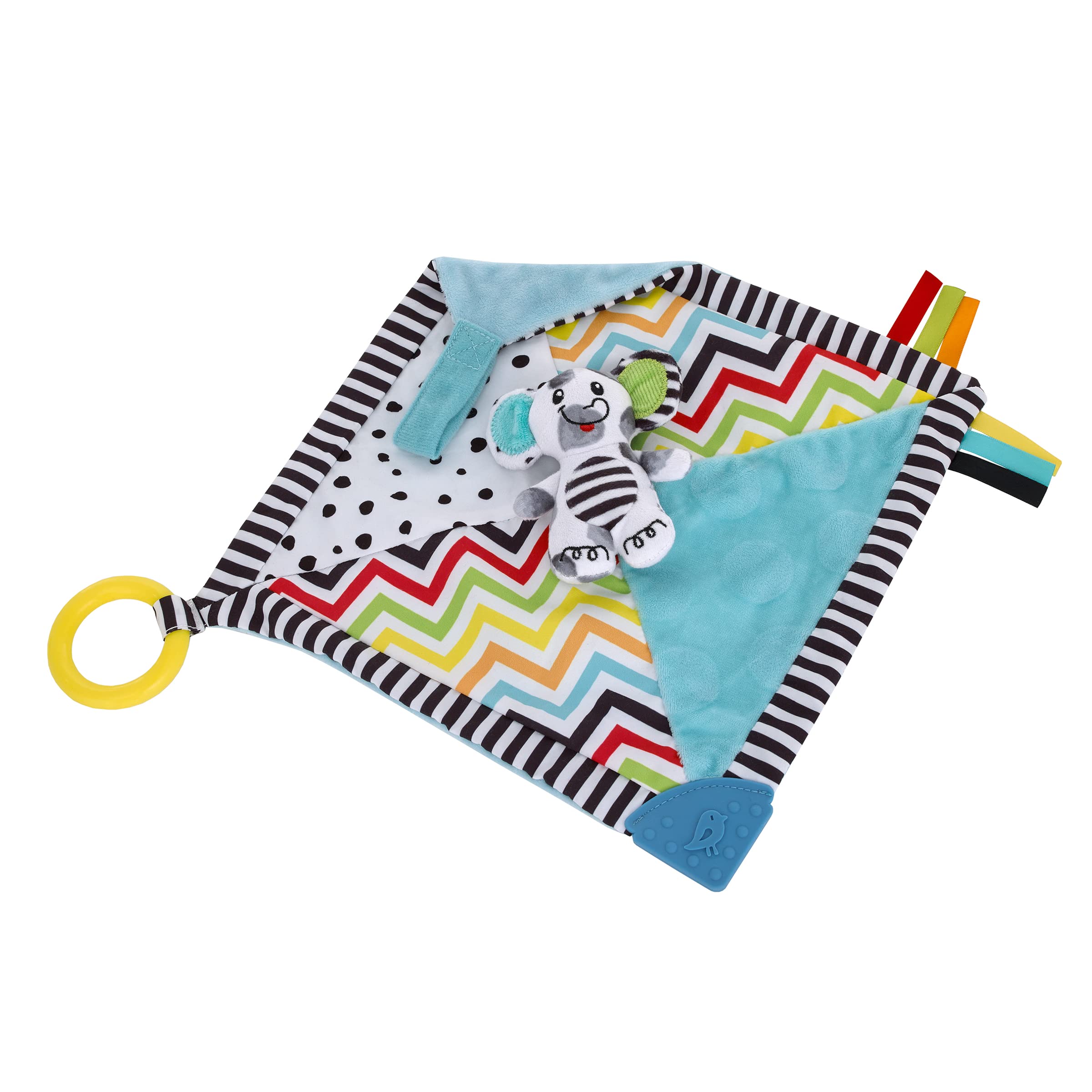 NoJo Sassy Baby Eli Elephant Black, White, and Multi-Colored Super Soft Security Baby Blanket with Teether