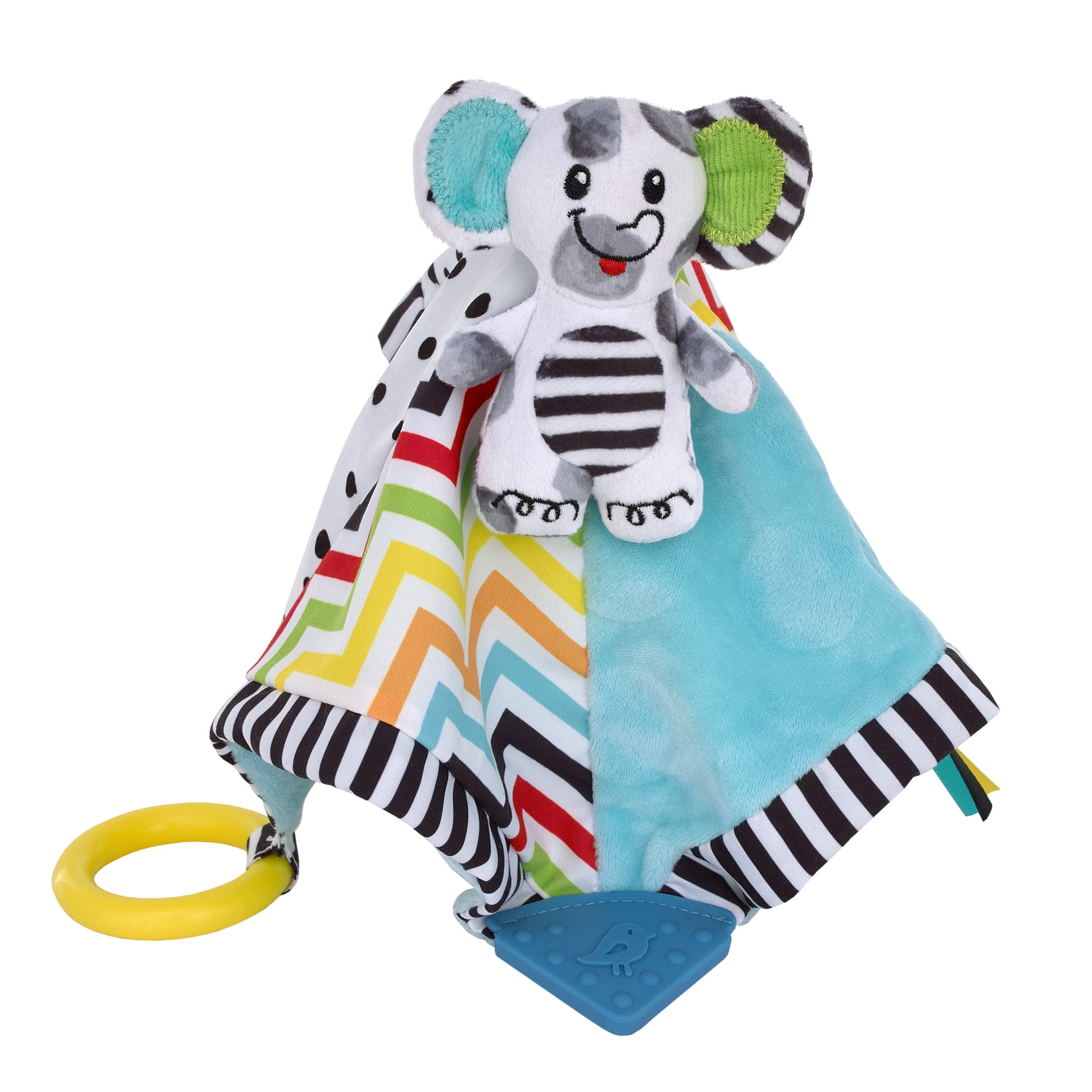 NoJo Sassy Baby Eli Elephant Black, White, and Multi-Colored Super Soft Security Baby Blanket with Teether