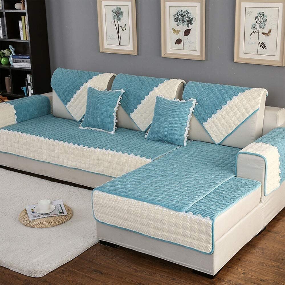 RAKKYO L Shape Velvet Sofa Couch Cover 1/2/3/4 Seater Sectional Couch Covers, Non-Slip Sofa Slipcover for Dogs Cats Pet Loveseat Recliner Leather Sofa Armrest Chair Cover (Color : Blue, Size : 90x70
