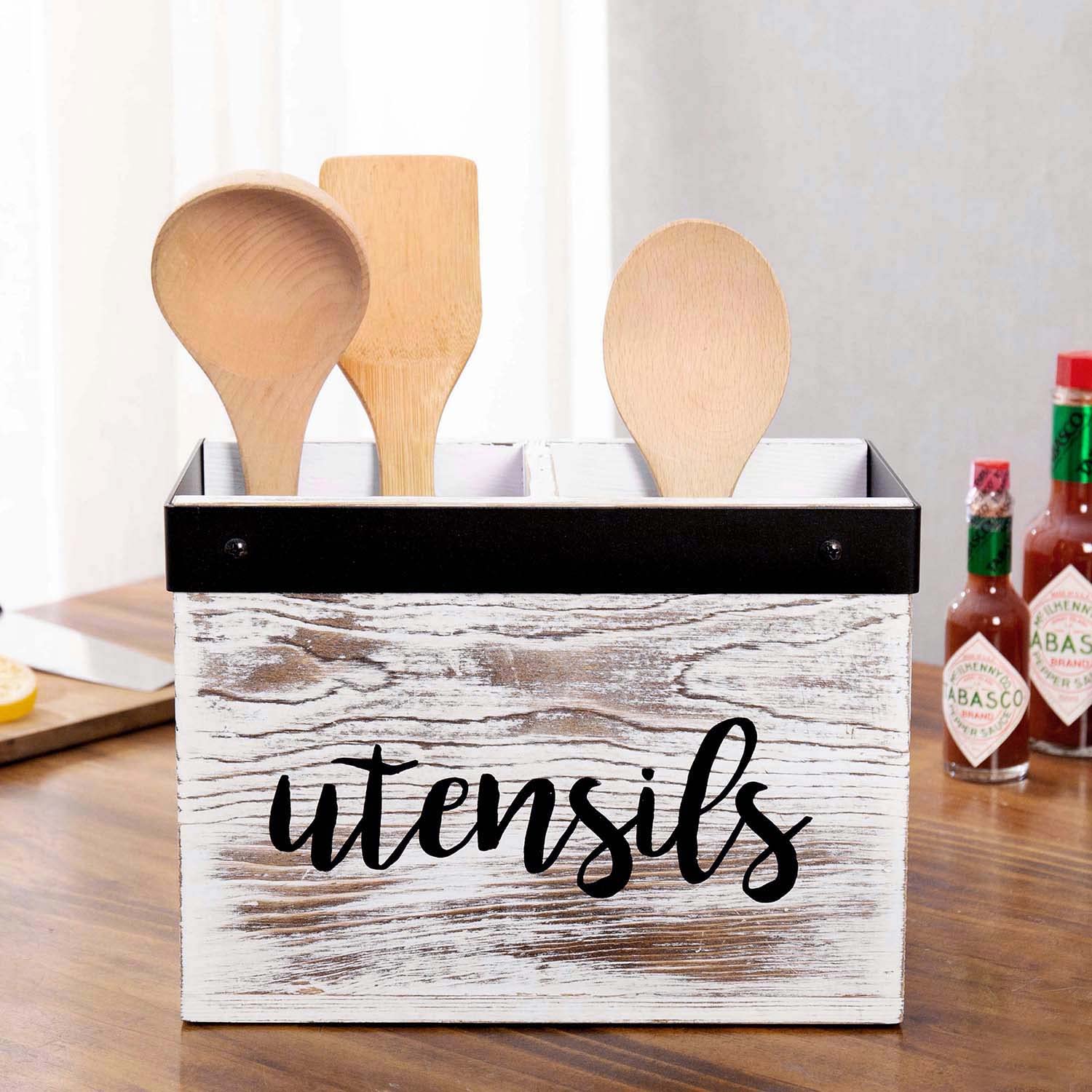 MyGift White Washed Solid Wood Kitchen Utensil Holder with Black Metal Rim Accent and 2 Compartments, Countertop Buffet Flatware Holder with Utensils Cursive Design