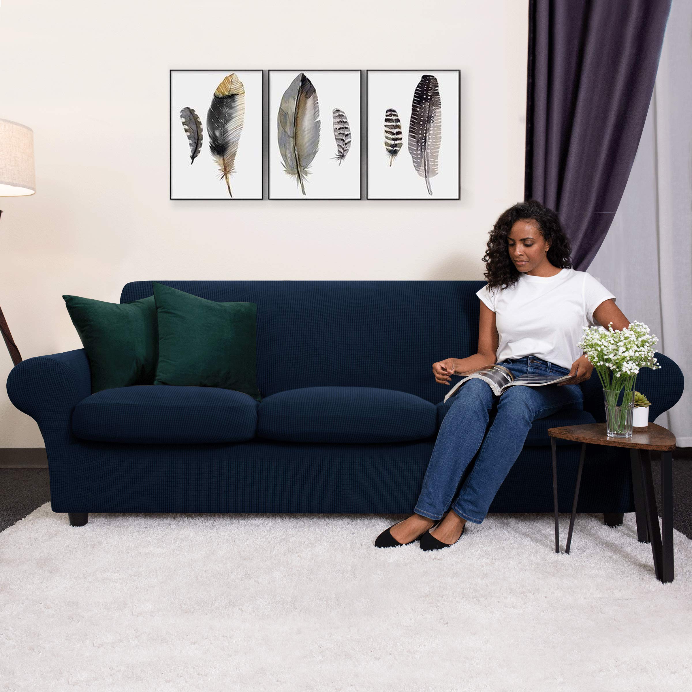 CHUN YI 3 Pieces Stretch Loveseat Sofa Cover Bandles 4 Pieces Stretch Sofa Cover, Washable Soft Sofa Slipcover with Separate Seat Cushion Covers, Dark Blue