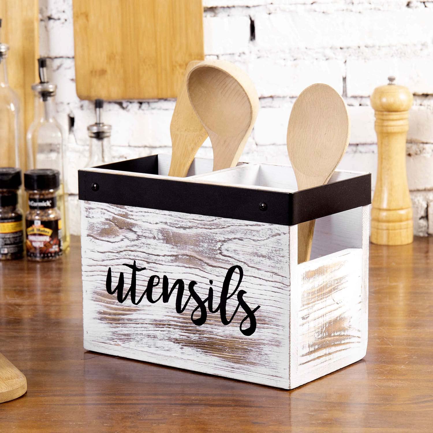 MyGift White Washed Solid Wood Kitchen Utensil Holder with Black Metal Rim Accent and 2 Compartments, Countertop Buffet Flatware Holder with Utensils Cursive Design