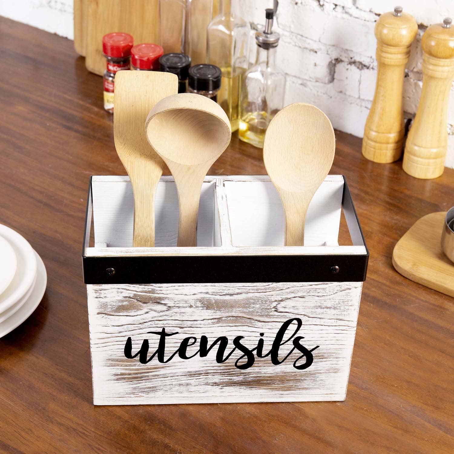 MyGift White Washed Solid Wood Kitchen Utensil Holder with Black Metal Rim Accent and 2 Compartments, Countertop Buffet Flatware Holder with Utensils Cursive Design