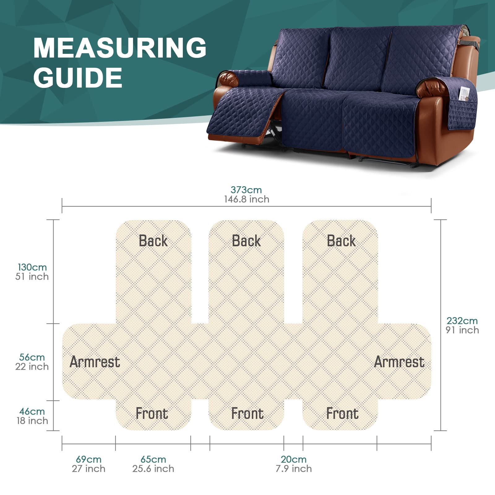 Ruaozz 1-Piece Waterproof Recliner Sofa Cover 3 Seater Couch Recliner Covers,Dark Blue