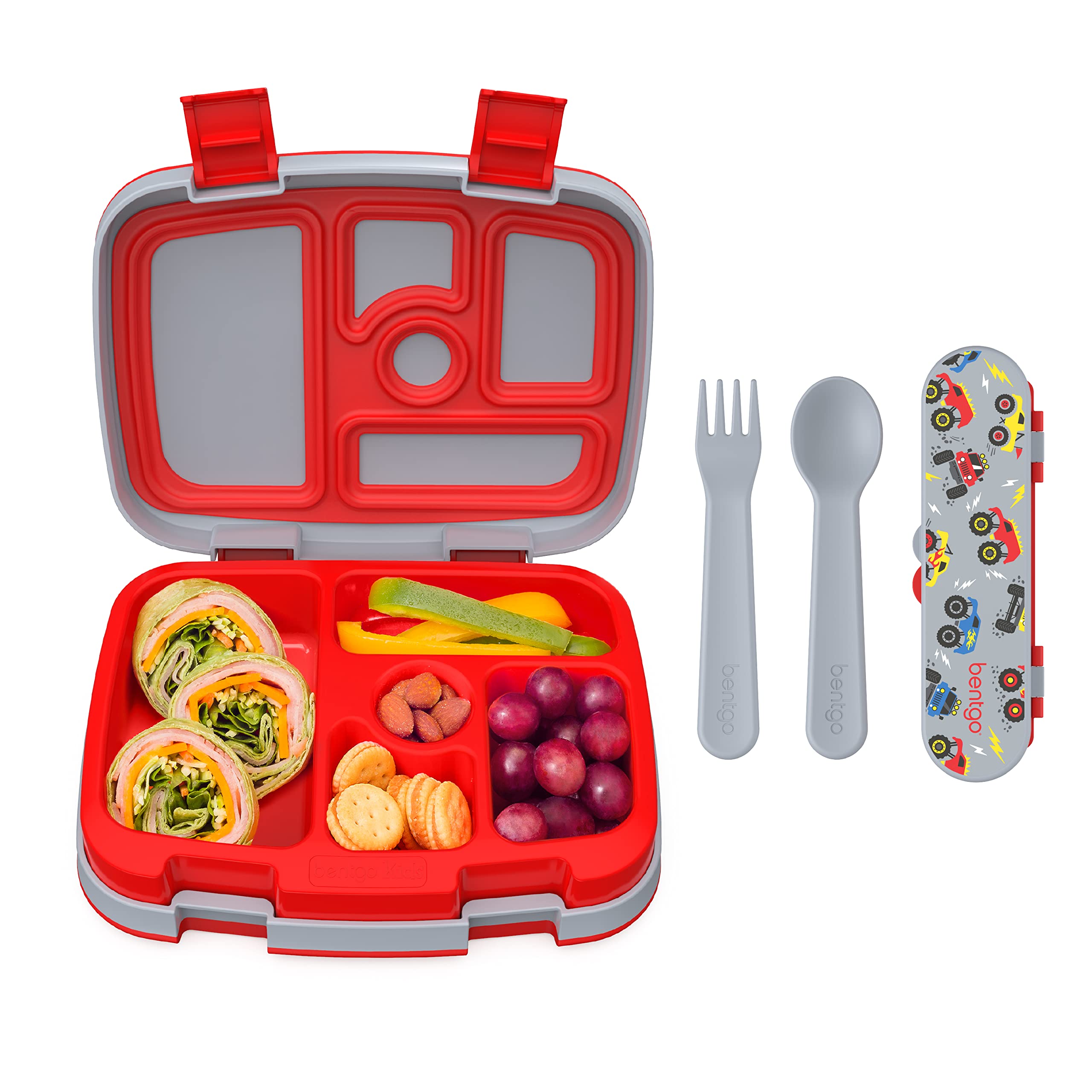 BentgoĀ® Kids Prints 5-Compartment Bento-Style Kids Lunch Box Set with Reusable Plastic Utensils (Trucks)