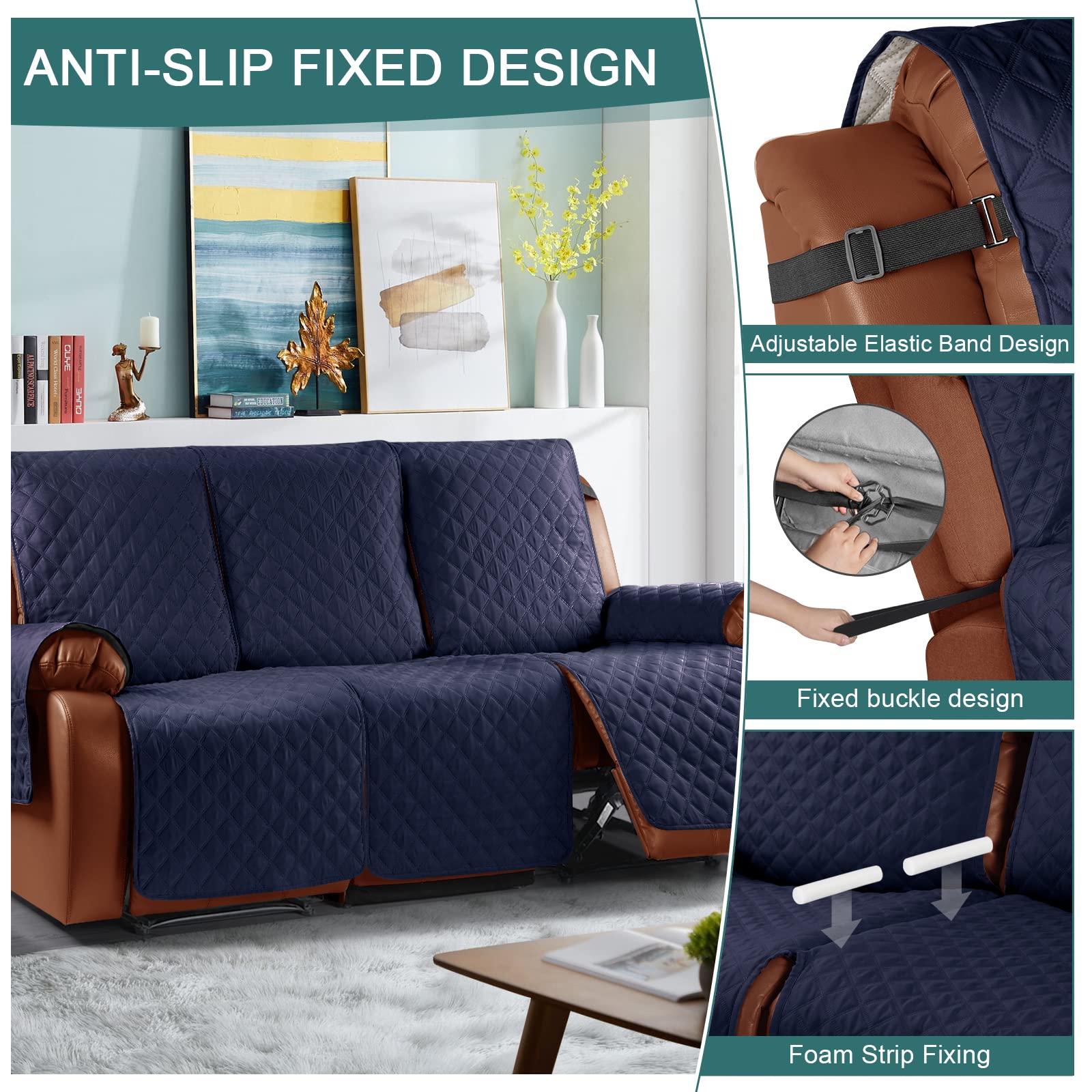 Ruaozz 1-Piece Waterproof Recliner Sofa Cover 3 Seater Couch Recliner Covers,Dark Blue
