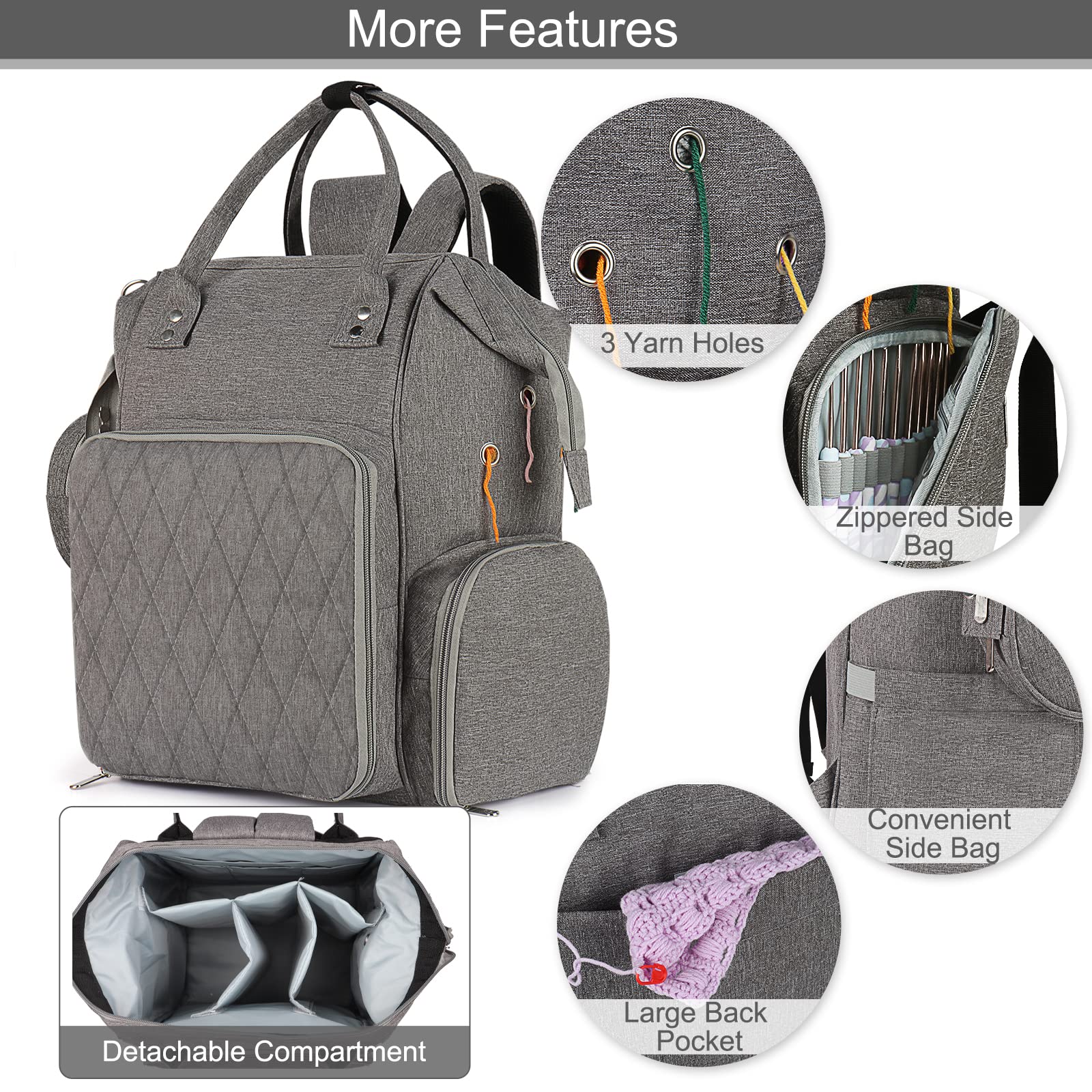 Aeelike Yarn Storage Crochet Bag Backpack, Knitting Project Bag with Grommets, Yarn Organizer with Removable Inner Dividers, Portable Knitting Bag for Yarn Skeins Knitting & Crochet Supplies