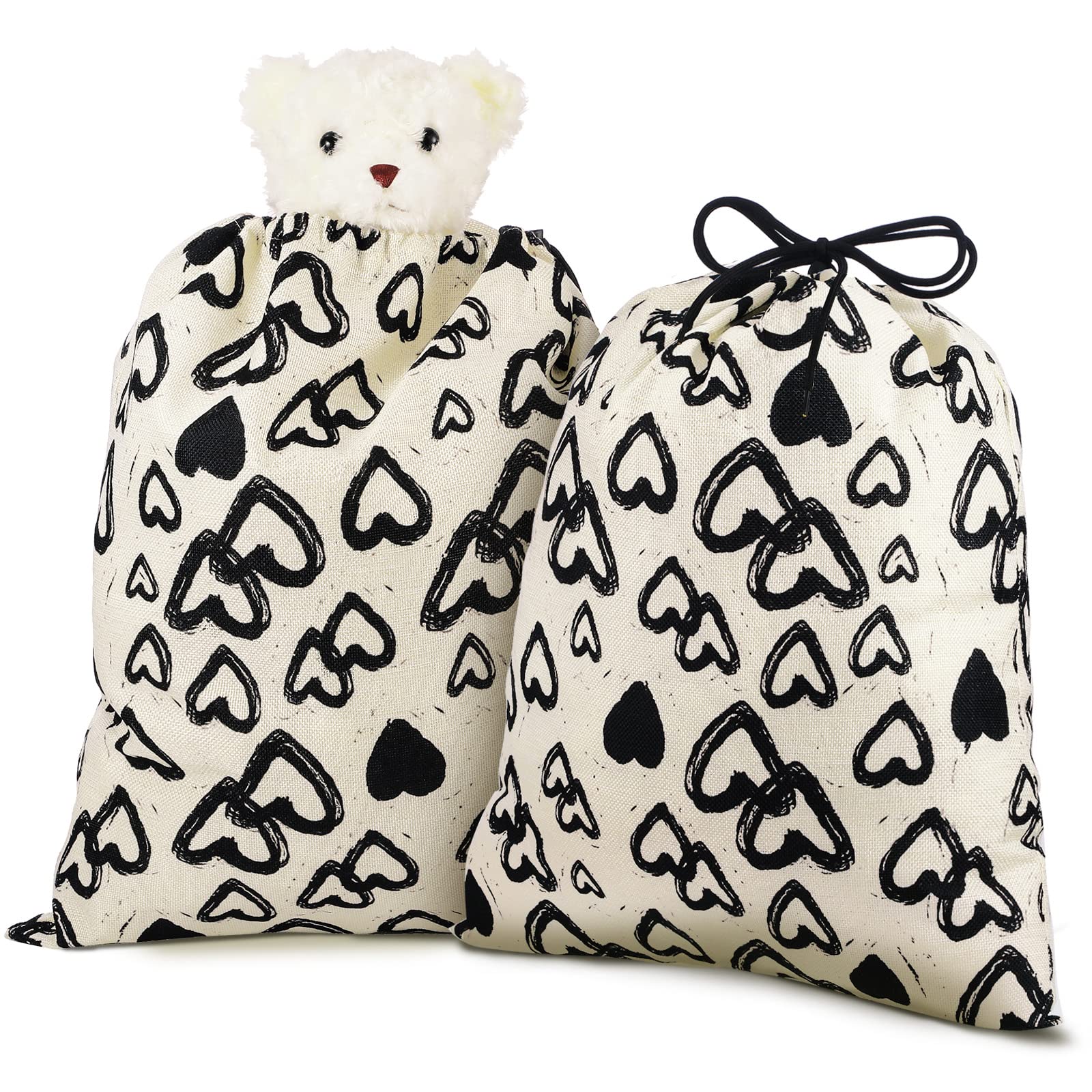 2 Pieces Large Gift Bag with Drawstring Large Canvas Gift Bags Heart Print Drawstring Present Wedding Bags Wrapping Reusable Bag Present Wrap Bags for Valentine's Day Party Favors, 20 x 16 In (Black)