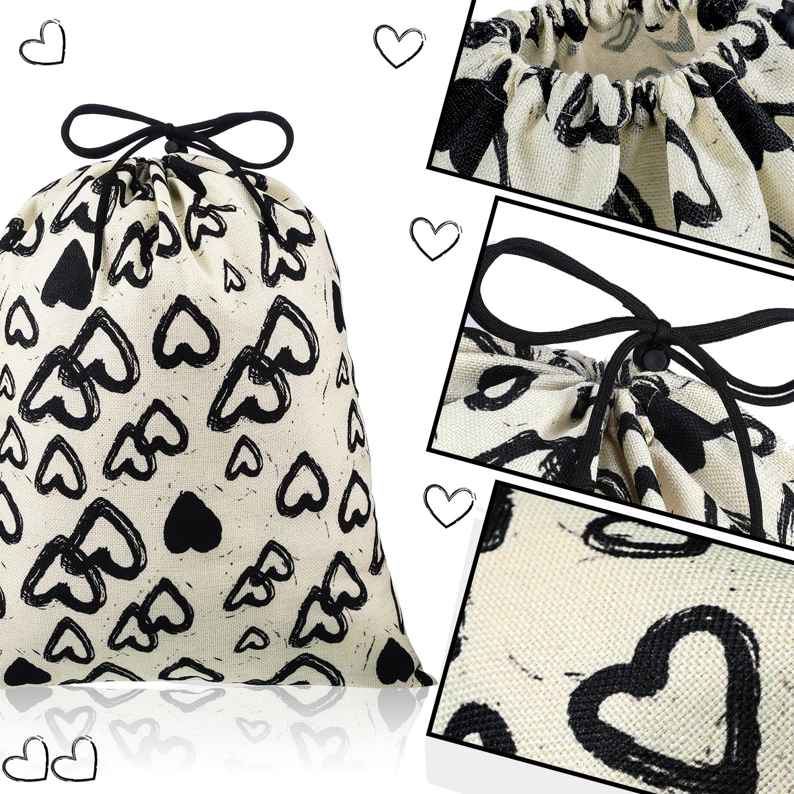 2 Pieces Large Gift Bag with Drawstring Large Canvas Gift Bags Heart Print Drawstring Present Wedding Bags Wrapping Reusable Bag Present Wrap Bags for Valentine's Day Party Favors, 20 x 16 In (Black)