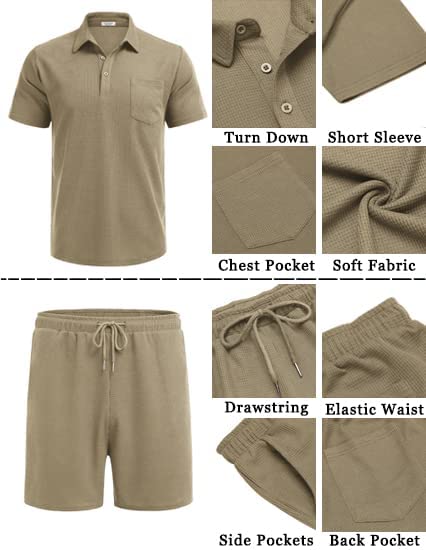 COOFANDY Men's Waffle Knit Polo Shirt and Shorts Set 2 Pieces Outfits Summer Suit Casual Tracksuit with Pockets