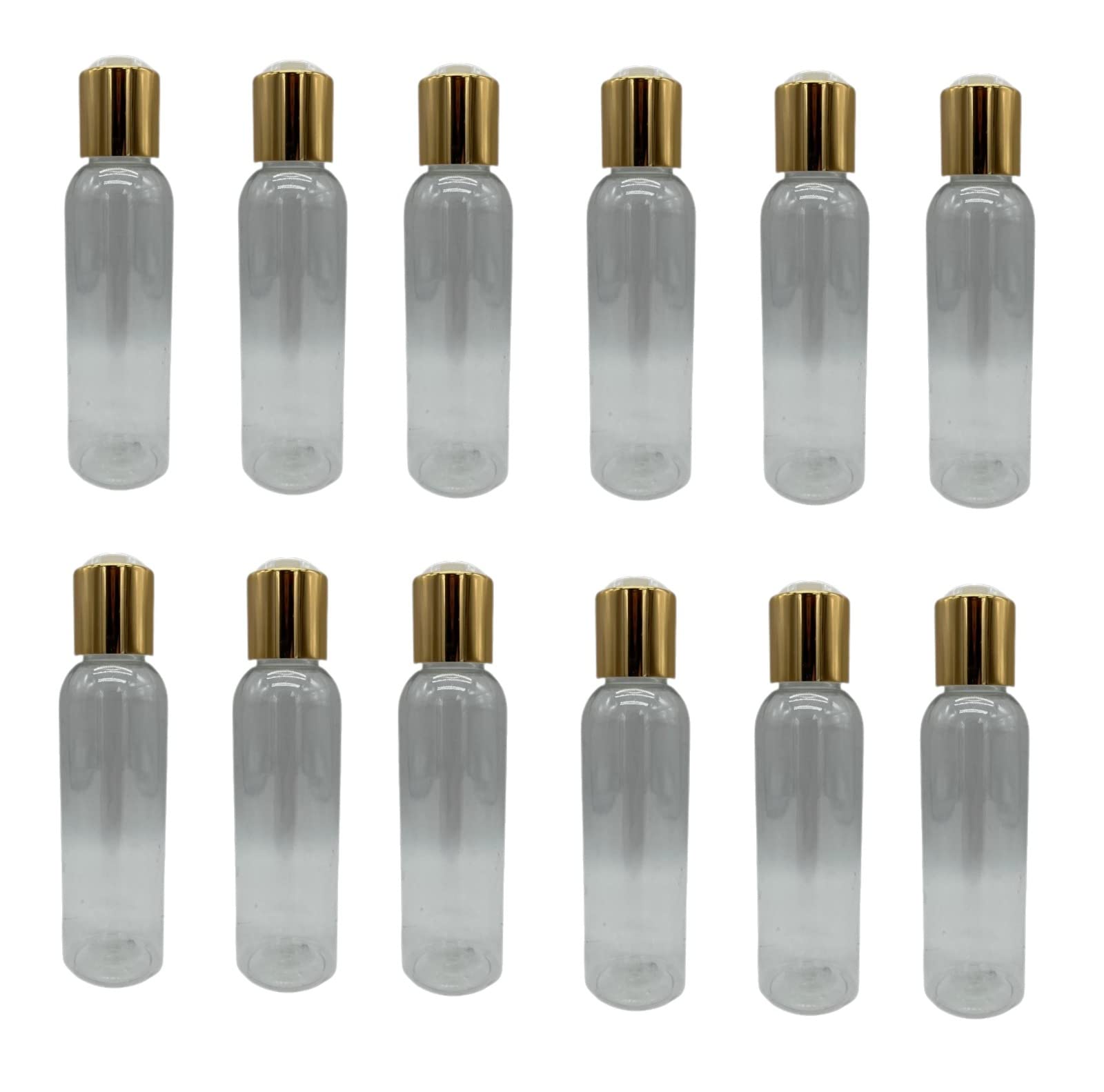 Natural Farms 4 oz Clear Cosmo Plastic Bottles -12 Pack Empty Bottle Refillable - BPA Free - Essential Oils - Aromatherapy | Gold Disc Caps - Made in the USA