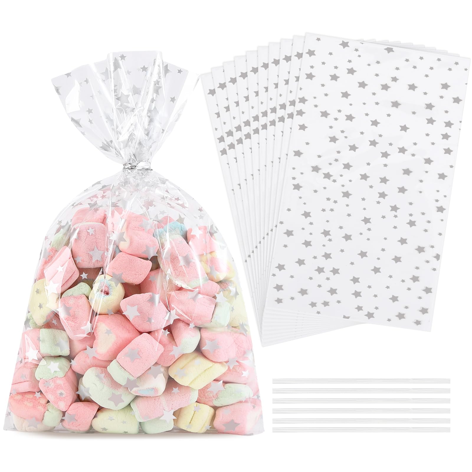 LEOSINDA 100 pcs Clear 6"X 10" Flat Gift Wrap Cellophane Bags Cello Bags Cookie Bags Treat Bags with Twist Ties Poly Bag 1.3 mil for Bakery, Cookie, Candies Silver Star Printed