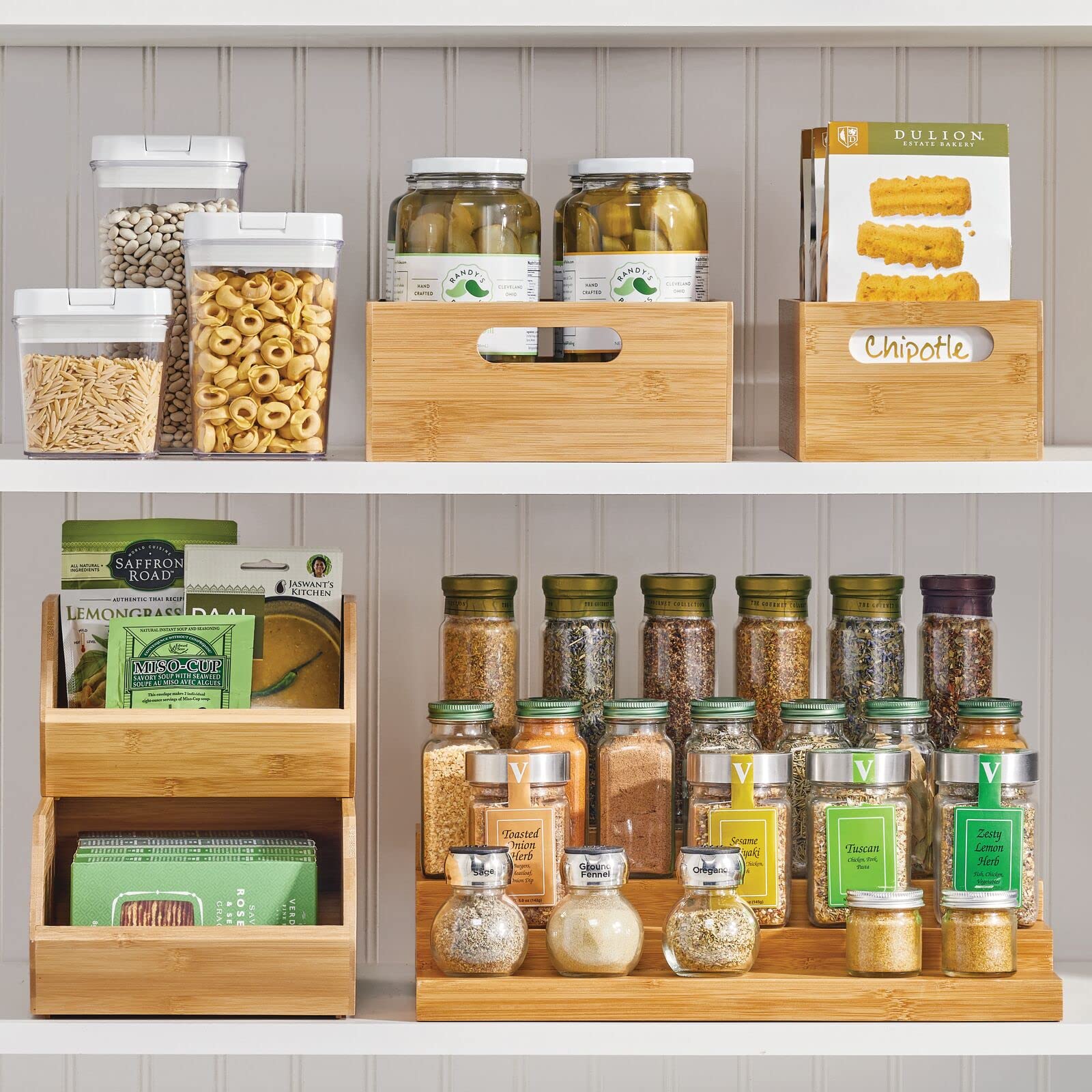 mDesign Bamboo Stackable Food Storage Organization Bin Basket - Wide Open Front for Kitchen Cabinets, Pantry, Offices, Closets, Holds Snacks, Dry Goods, Packets, Spices, Teas - 4 Pack - Natural Wood