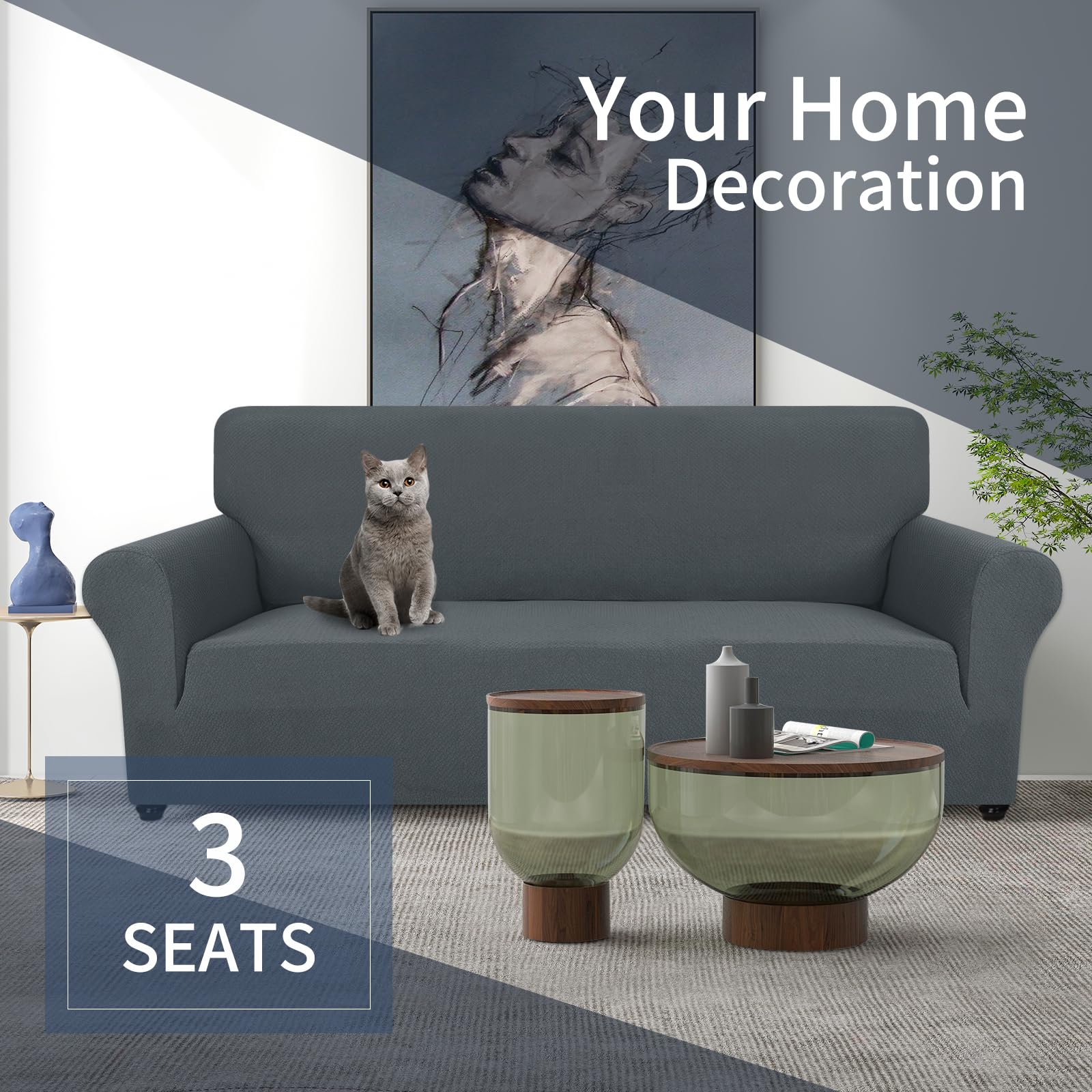 JIVINER Stretch Couch Cover Slipcovers 1 Piece Universal Couch Covers for 3 Cushion Couch Sofa (71"-91") Washable Pet Friendly 3 Seat Furniture Protector with Elastic Bottom (Sofa, Dark Gray)