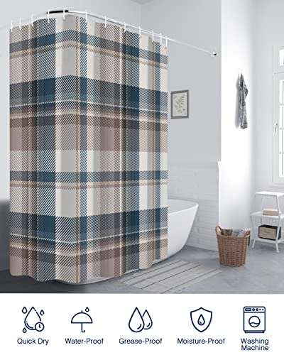 BestLives Shower Curtain Check Plaid Brown and Blue Bath Curtain Buffalo Texture Waffle Fabric Waterproof Bathroom Curtain with Hooks 72 x 84 Inches
