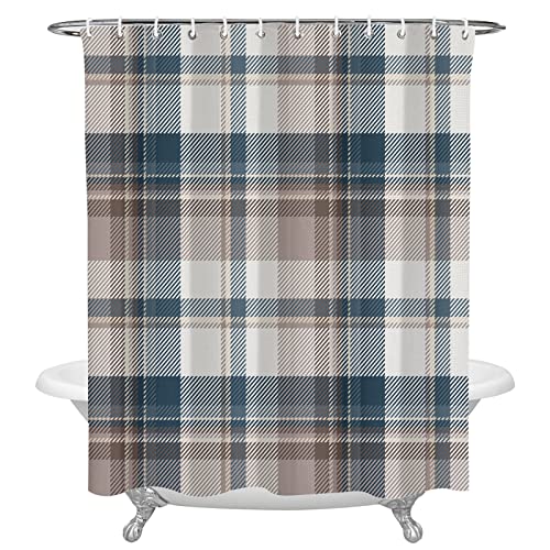 BestLives Shower Curtain Check Plaid Brown and Blue Bath Curtain Buffalo Texture Waffle Fabric Waterproof Bathroom Curtain with Hooks 72 x 84 Inches