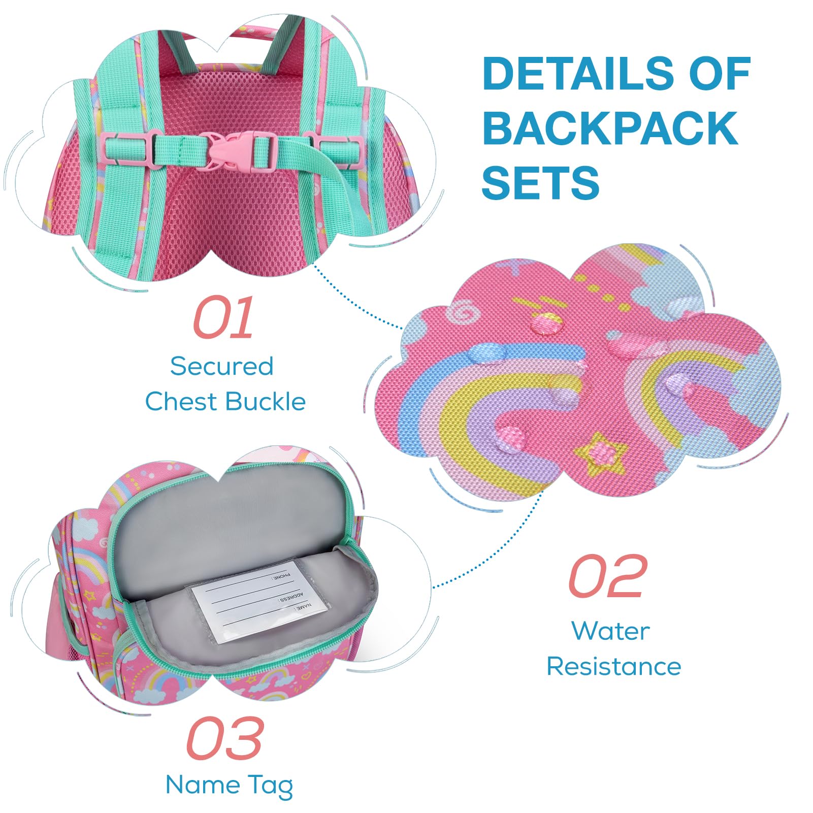 mommore Kids Backpack Set, Rainbow Backpack for Girls Lightweight Elementary Bookbag for Students School backpack for Children with Chest Strap Water Resistant,3pcs pink