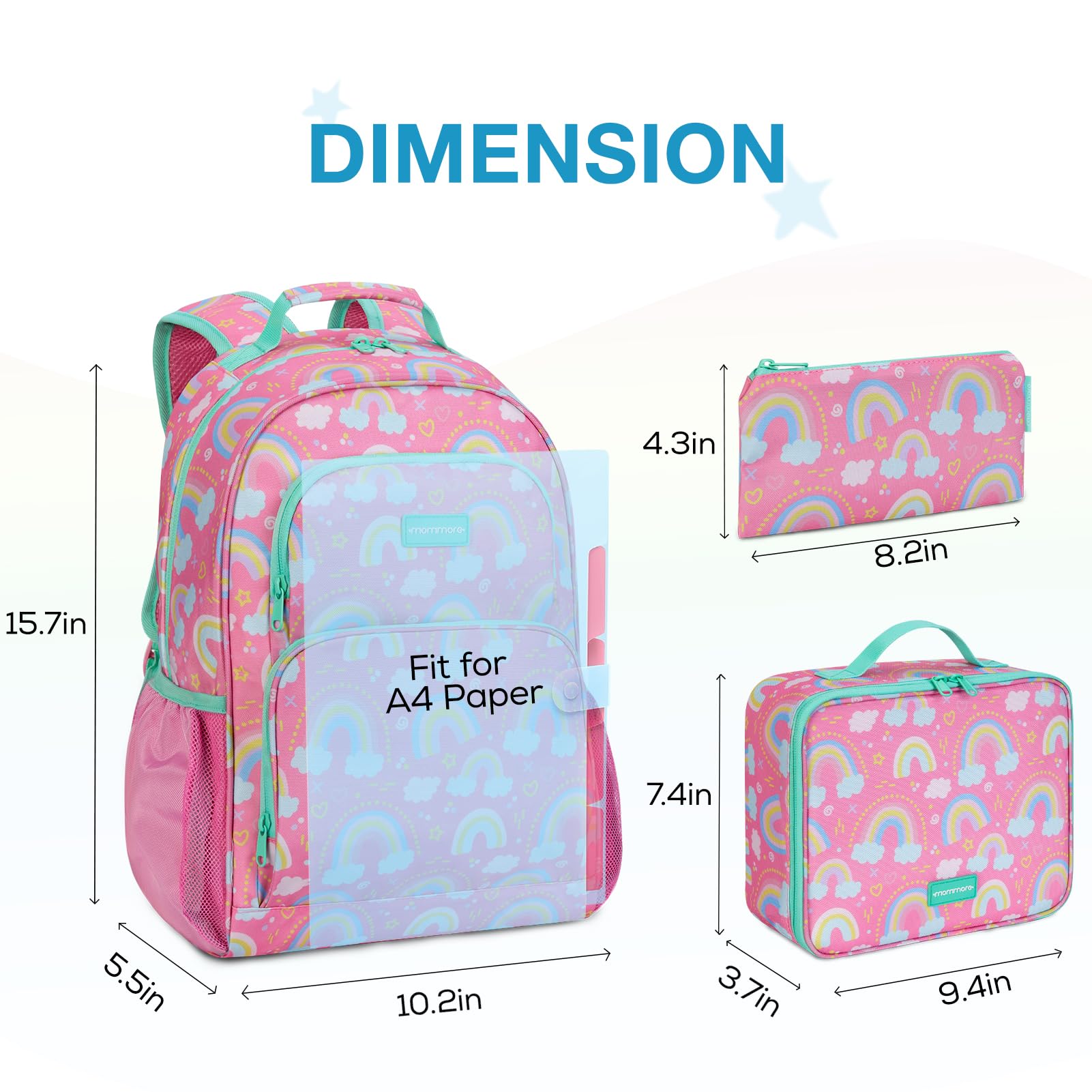 mommore Kids Backpack Set, Rainbow Backpack for Girls Lightweight Elementary Bookbag for Students School backpack for Children with Chest Strap Water Resistant,3pcs pink