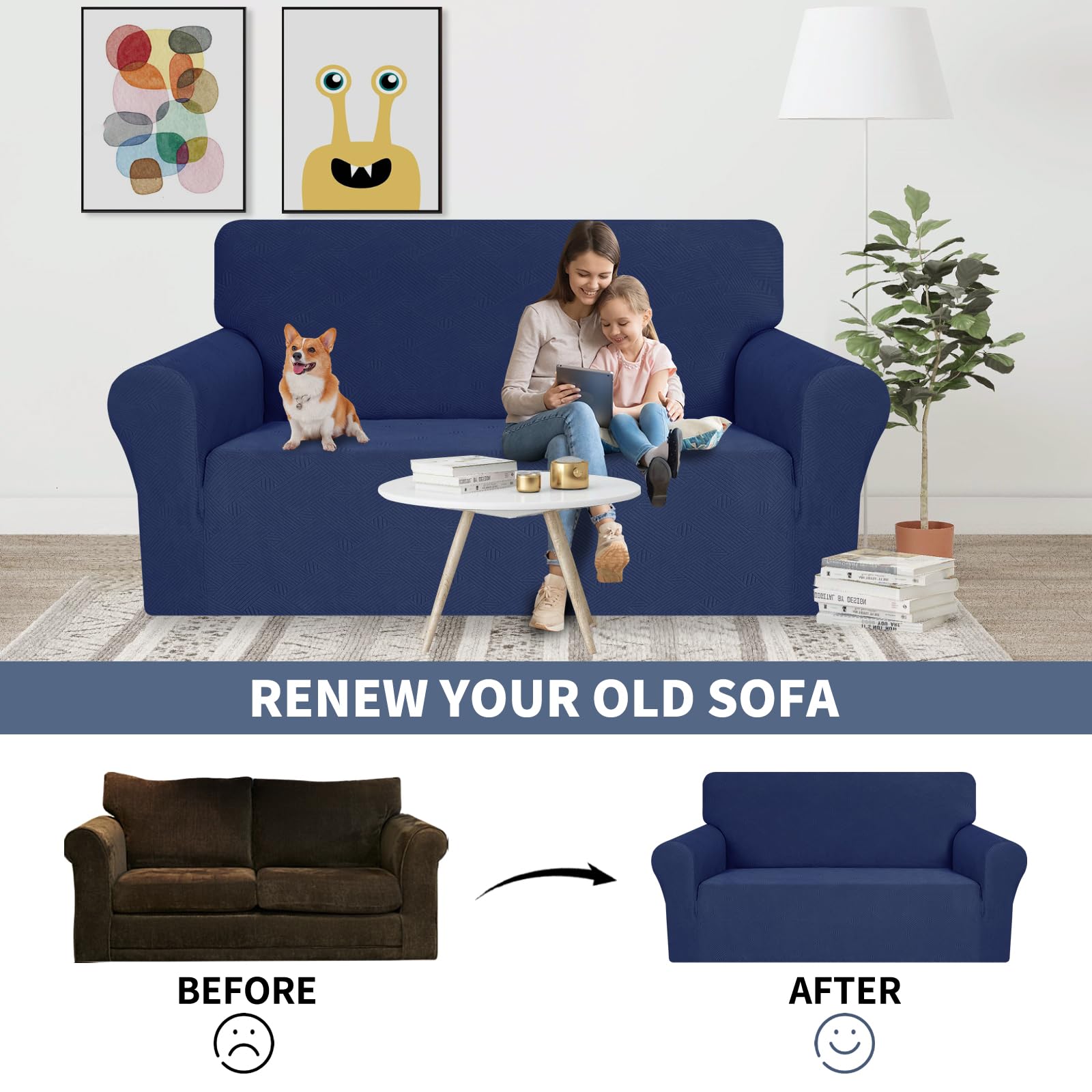 JIVINER Oversized Sofa Slipcover, Stretch 1 Piece Large Couch Covers for 3 Cushion Couch Jacquard Washable Sofa Covers with Elastic Bottom Pet Friendly Slipcovers (XL Sofa, Navy Blue)