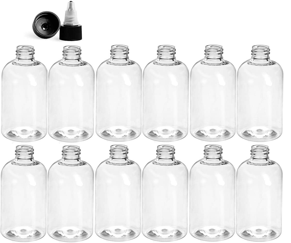 Premium Essential Oil 4 Ounce Boston Round Bottles, PET Plastic Empty Fillable BPA-Free, with Black/Natural Twist Caps (Pack of 12) (Clear)