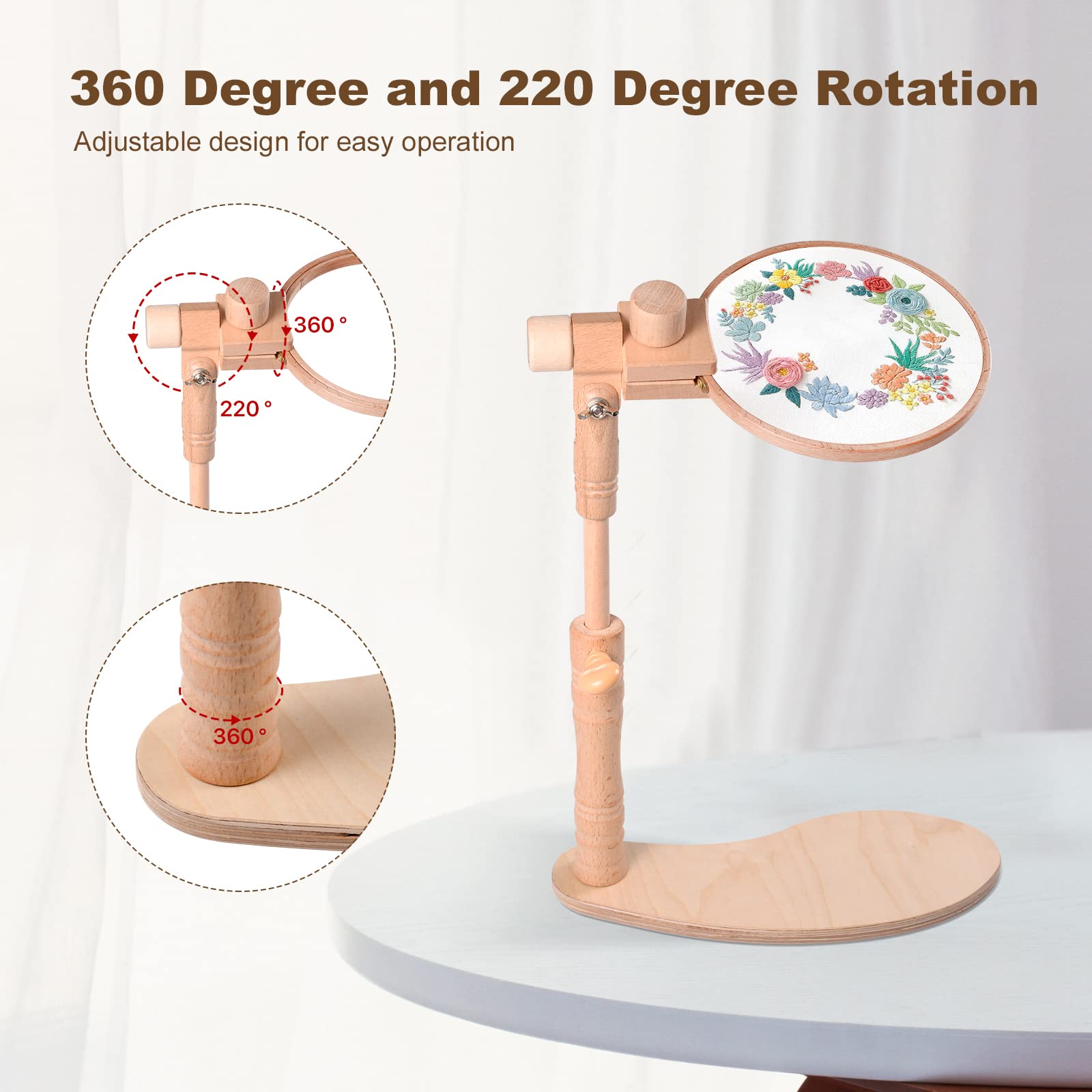 CHIVENIDO Embroidery Stand - Adjustable Rotated Cross Stitch Stand, Beech Wood Embroidery Hoop Stand Holder for Cross Stitch Frame Lap Stand, Hands Free Sewing Craft Embroidery Tools for Needlework