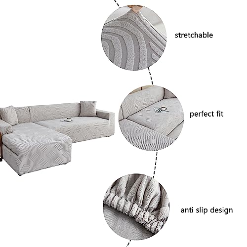 GUYIRT Jacquard Pattern Sectional Couch Cover, Solid Color Washable L Shape Sofa Covers, 2 Pieces Couch Slip Cover for Kids Pet Cat-Blue-2 Seater+4 Seater