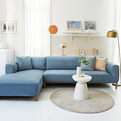IMYOGI High Stretch Sofa Covers Stretch Sofa Slipcovers L Shape Universal Solid Color Corner Sofa Cover Soft Couch Covers Machine Washable Sofa Cover for Kids Pets -Blue-4 Seater+4 Seater