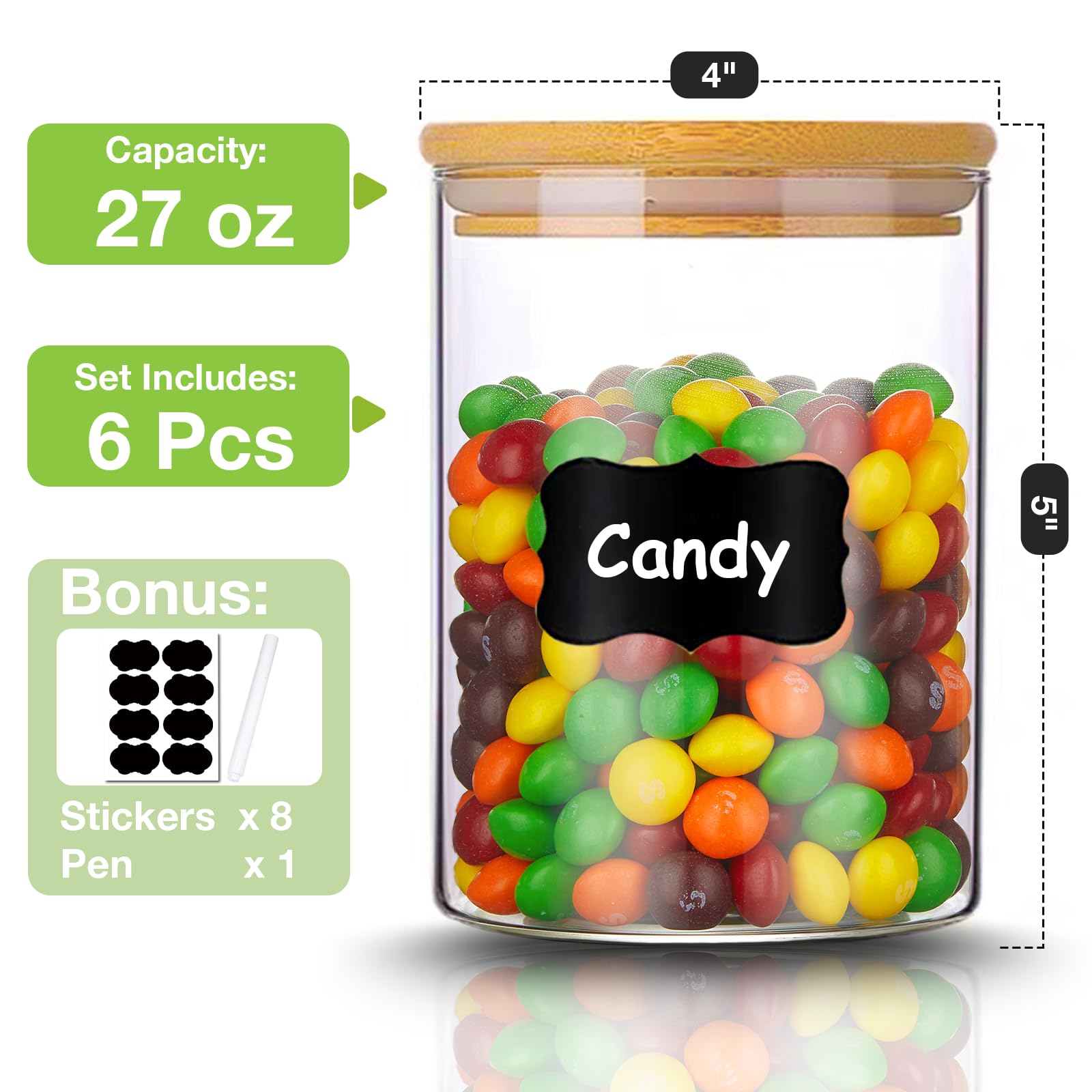 Glass Storage Jars with Airtight Bamboo Lid, Gencywe 27 OZ Glass Food Storage Jar with Labels, Airtight Glass Canisters, Clear Kitchen Container for Candy, Cookie, Rice, Coffee Beans, Snacks, Spices