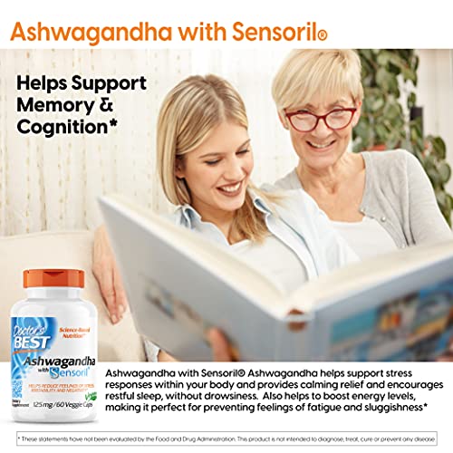 Doctor's Best Ashwagandha with Sensoril, Ayurvedic Herb, Standardized Withania somnifera Extract, Clinically Proven to Support Mental Focus, Cardiovascular Health & Healthy Energy, 125mg, 60 Count
