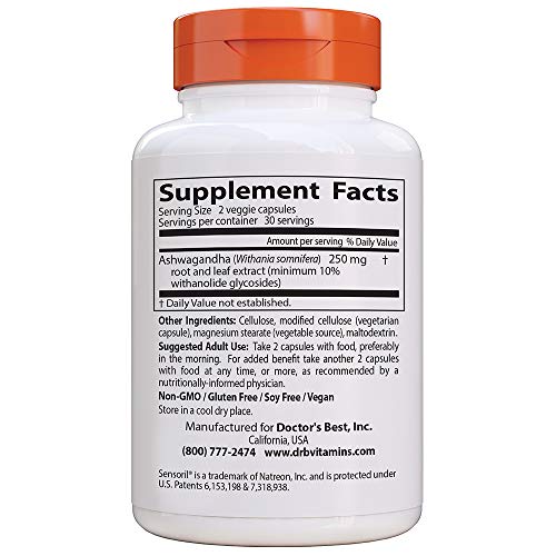 Doctor's Best Ashwagandha with Sensoril, Ayurvedic Herb, Standardized Withania somnifera Extract, Clinically Proven to Support Mental Focus, Cardiovascular Health & Healthy Energy, 125mg, 60 Count