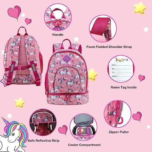 HAPPYSUNNY Toddler Backpack and Lunch Box Set for Girls 2-in-1 Kids Unicorn Backpack and Insulated Lunch Bag Compartment