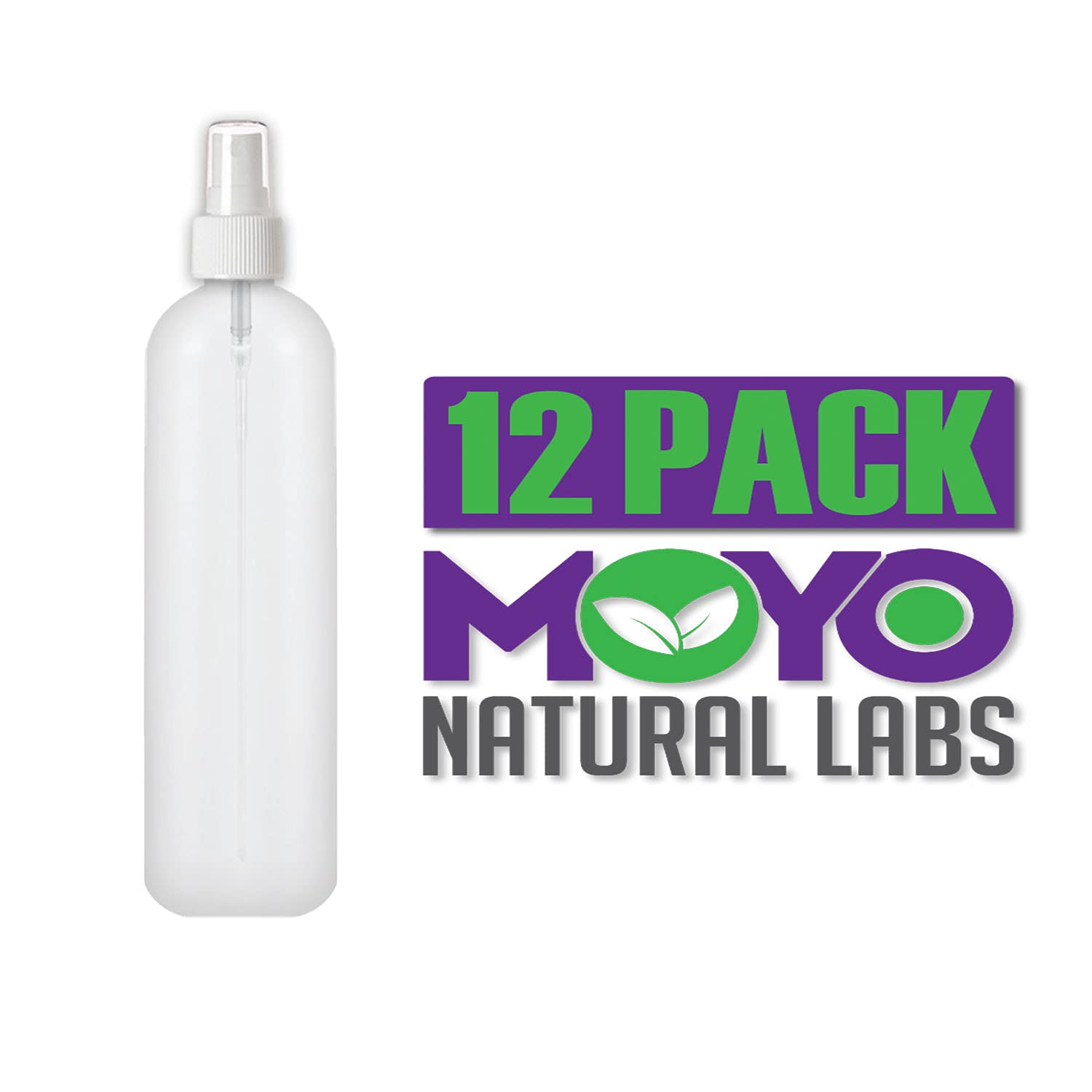 MoYo Natural Labs 4 oz Spray Bottles Fine Mist Empty Travel Containers, BPA Free HDPE Plastic for Essential Oils and Liquids/Cosmetics (Neck 20-410) (Pack of 12, Translucent HDPE Bottle White Spray)