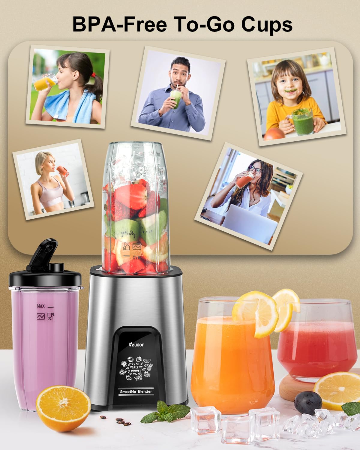 VEWIOR Smoothie Bullet Blender for Shakes and Smoothies 850W, 12 Pieces Personal Blenders for Kitchen with 6 Fins Blender Blade, Smoothie Blender with 2*23 oz To-Go Cups