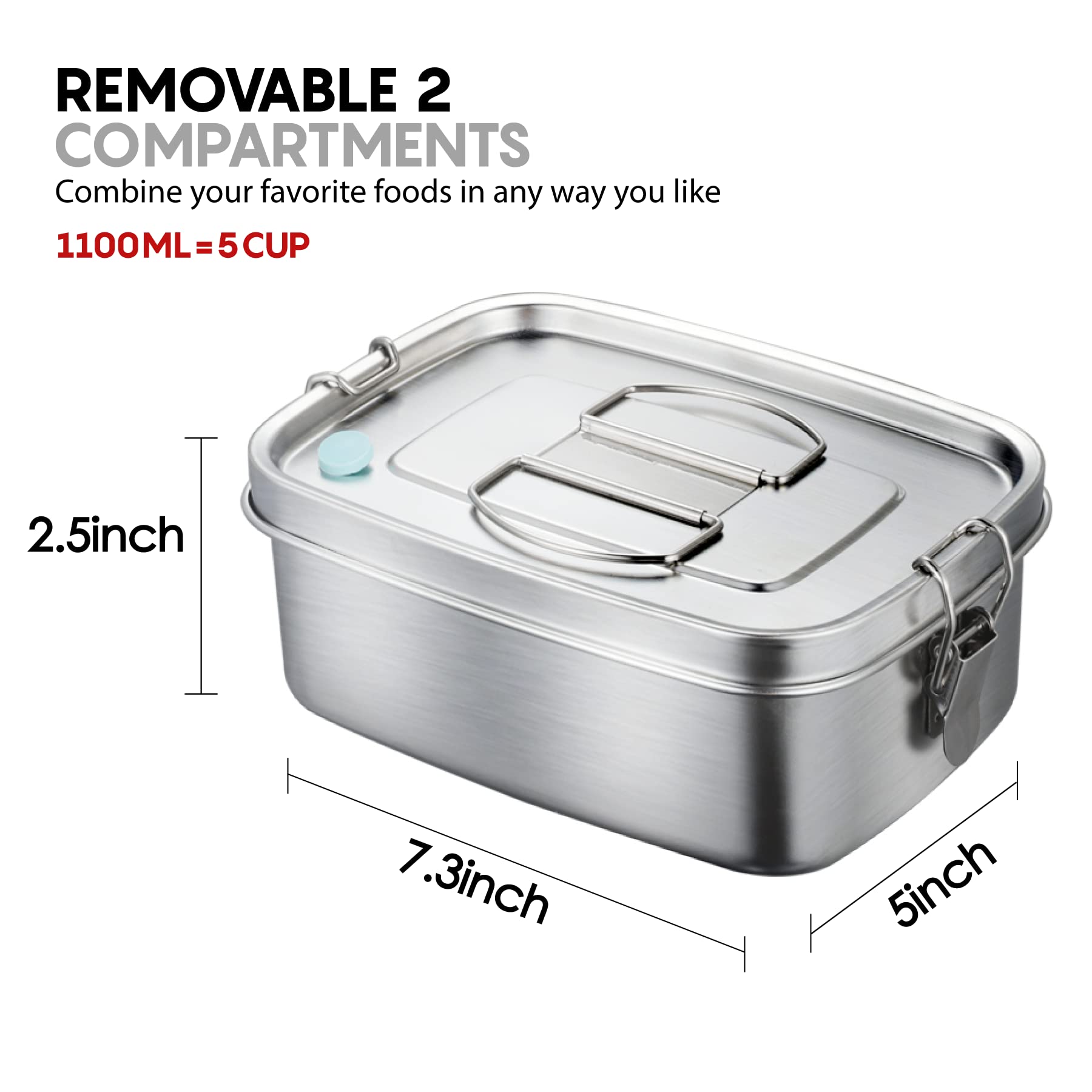 SUBRON Stainless Steel Bento Box with Removable Divider, 1100ML 2 Compartment Metal Lunch Box 100% Leak Proof Food Containers with Secure Locks, Fits in Lunch Bag & Backpack